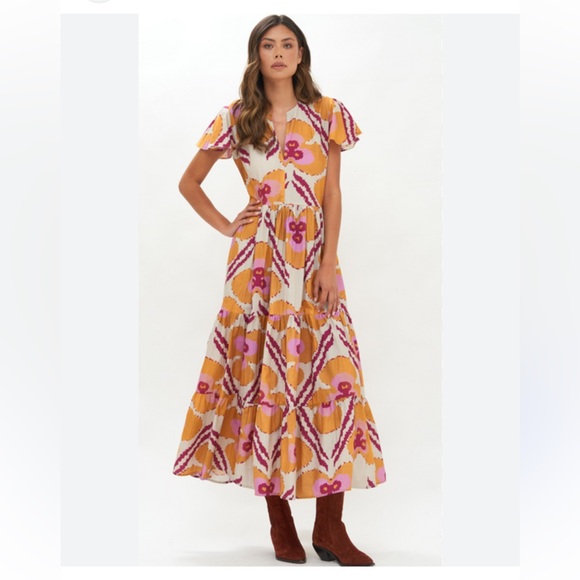 Oliphant | Dresses | Oliphant Floral Maxi V Neck Tiered Pink Orange ...